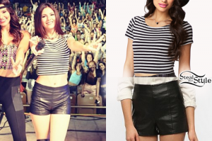 Victoria Justice: Striped Top, Leather Shorts | Steal Her Style