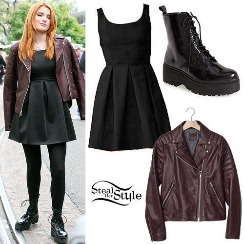 Bella Thorne: Oxblood Biker Jacket, Pleat Dress | Steal Her Style