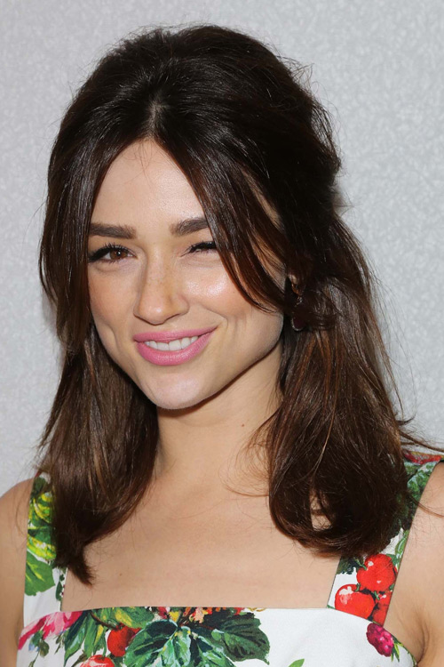 Crystal Reed Straight Dark Brown Overgrown Bangs, Pinned-Back Hairstyle ...
