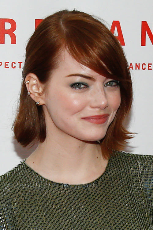 Emma Stone Straight Auburn Bob, Sideswept Bangs Hairstyle | Steal Her Style