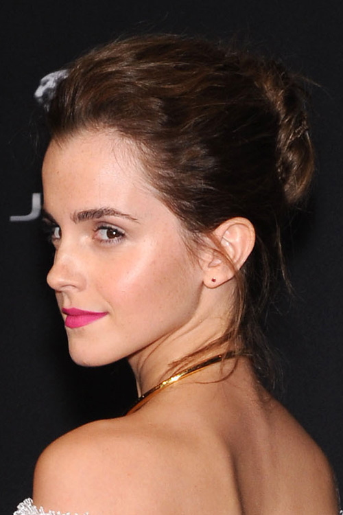 Emma Watson Straight Medium Brown Bun, Messy, Updo Hairstyle | Steal ...