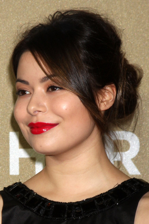 Miranda Cosgrove Straight Dark Brown Bun, Overgrown Bangs, Updo ...