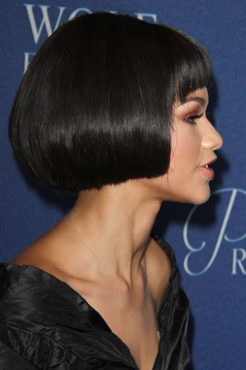 Zendaya Straight Black Bob, Curved Bangs Hairstyle | Steal Her Style