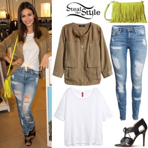 » Victoria Justice: Beige Jacket, Ripped Jeans