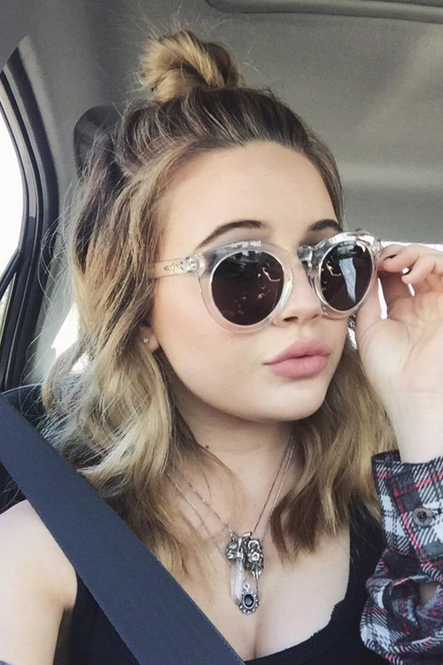 Bea Miller Wavy Medium Brown Bun, Half-Up Half-Down Hairstyle | Steal ...
