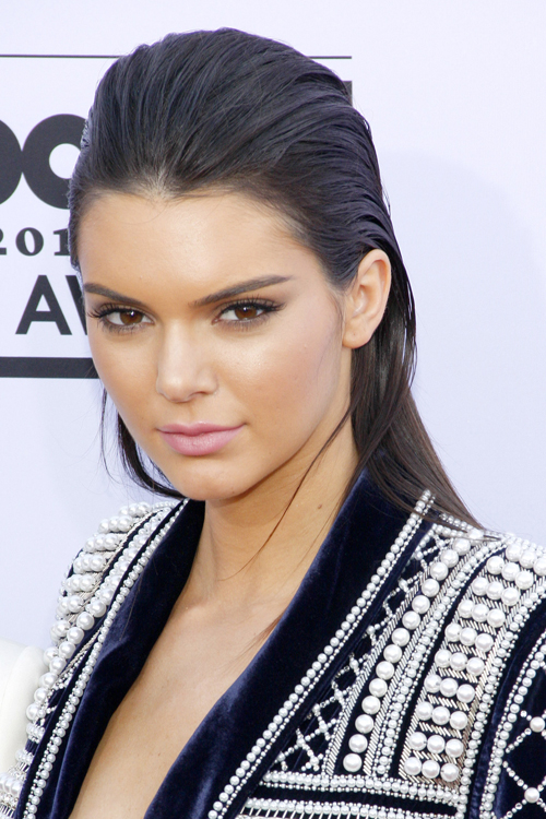 Kendall Jenner Straight Dark Brown Slicked Back Hairstyle | Steal Her Style