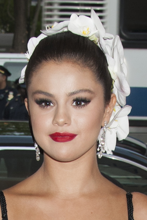 Selena Gomez Straight Dark Brown Updo Hairstyle | Steal Her Style