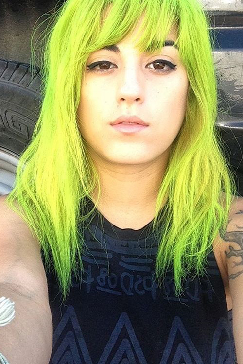 Anissa Rodriguez Straight Green Choppy Bangs, Uneven Color Hairstyle ...