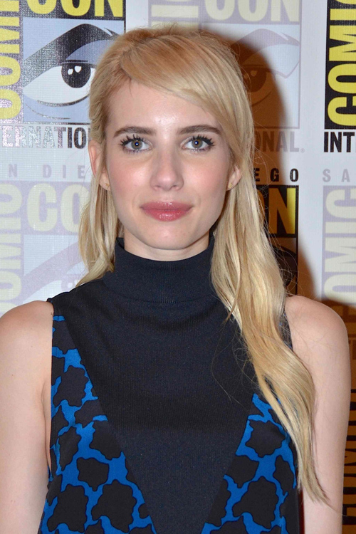 Emma Roberts Wavy Golden Blonde Asymmetric Bangs, Side Part, Sideswept ...