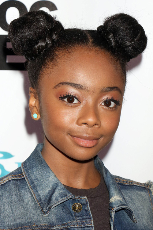 Skai Jackson Teased Dark Brown Multiple Buns Hairstyle | Steal Her Style