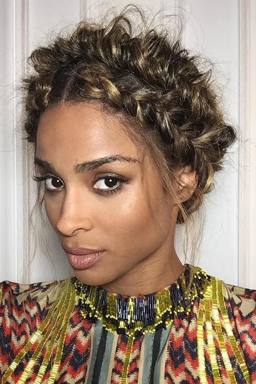 Ciara Wavy Medium Brown All-Over Highlights, Crown Braid Hairstyle ...