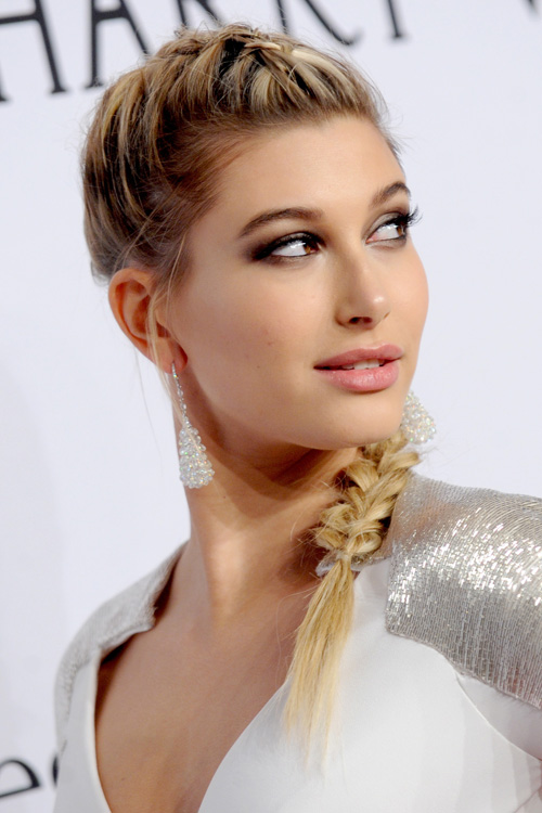 Hailey Baldwin Straight Medium Brown All-Over Highlights, French Braid ...