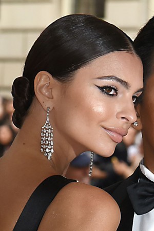 Emily Ratajkowski Straight Dark Brown Updo Hairstyle | Steal Her Style