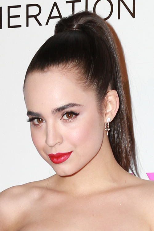 Sofia Carson Straight Medium Brown High Ponytail, Ponytail Hairstyle ...