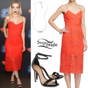 » Dove Cameron: Red Lace Dress, Black Sandals