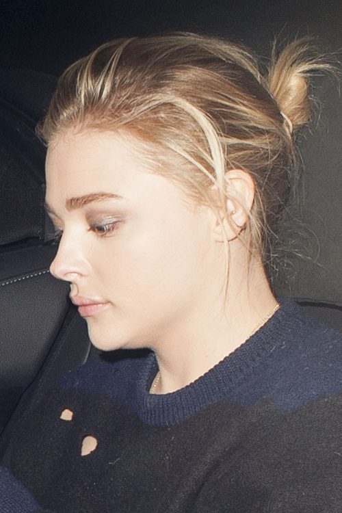 Chloe Moretz Straight Medium Brown All-Over Highlights, Bun, Messy ...