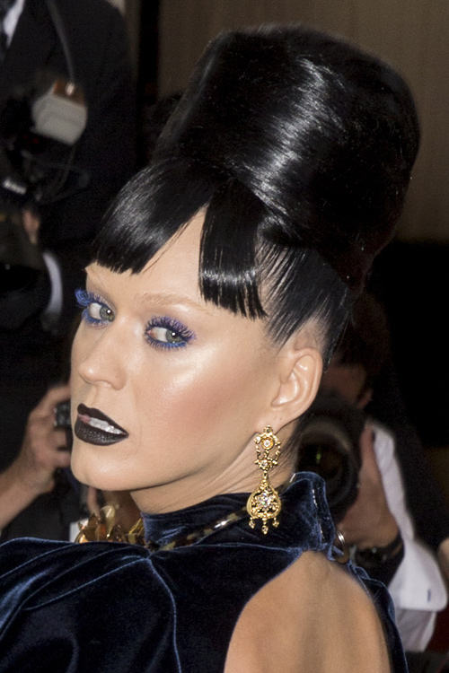 Katy Perry Straight Black Bun, Straight Bangs Hairstyle | Steal Her Style