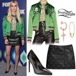 » Emma Roberts: Green Varsity Jacket, Leather Skirt
