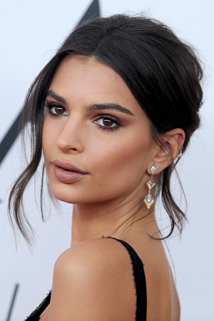 Emily Ratajkowski Wavy Dark Brown Face-Framing Pieces, Updo Hairstyle ...