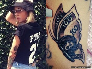 Lil Debbie Butterfly, Dollar Bills Upper Arm Tattoo | Steal Her Style