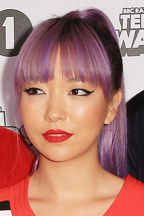 JinJoo Lee Straight Purple Curved Bangs, High Ponytail, Ponytail ...