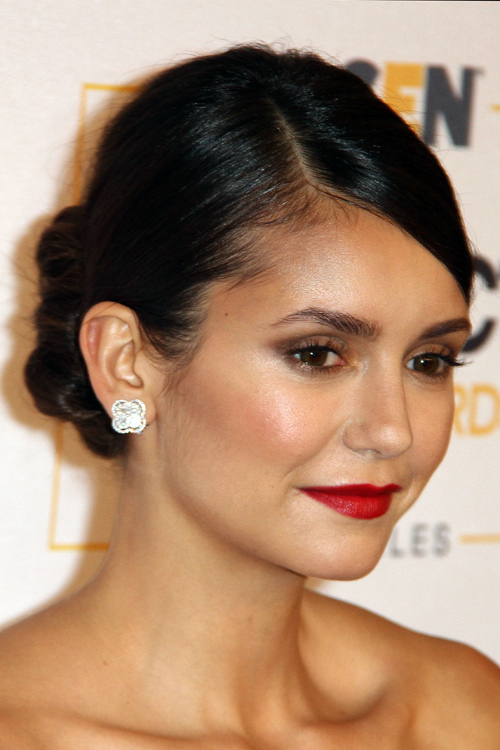 Nina Dobrev Straight Dark Brown Updo Hairstyle | Steal Her Style