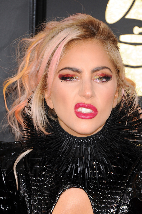 Lady Gaga Wavy Platinum Blonde Dark Roots, Peek-A-Boo Highlights, Updo ...
