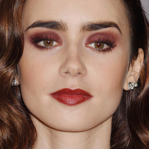 Lily Collins Makeup: Bronze Eyeshadow & Burgundy Lipstick | Steal Her Style