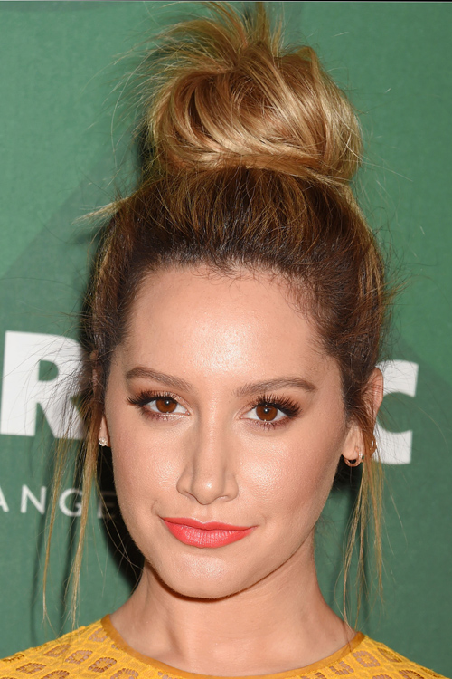 Ashley Tisdale Straight Dark Brown Bun, Two-Tone Hairstyle | Steal Her ...