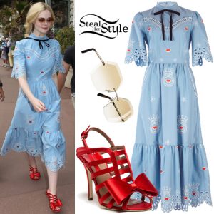 » Elle Fanning: Blue Embroidered Dress, Red Sandals