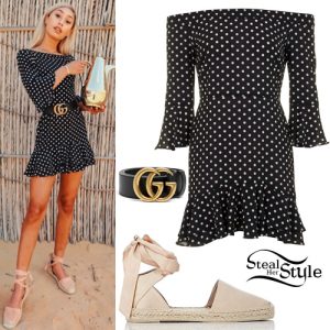 » Eva Gutowski: Black Dot Dress, Nude Espadrilles