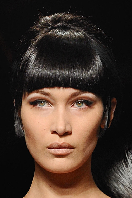 Bella Hadid Straight Black Curved Bangs, Retro, Updo Hairstyle | Steal ...
