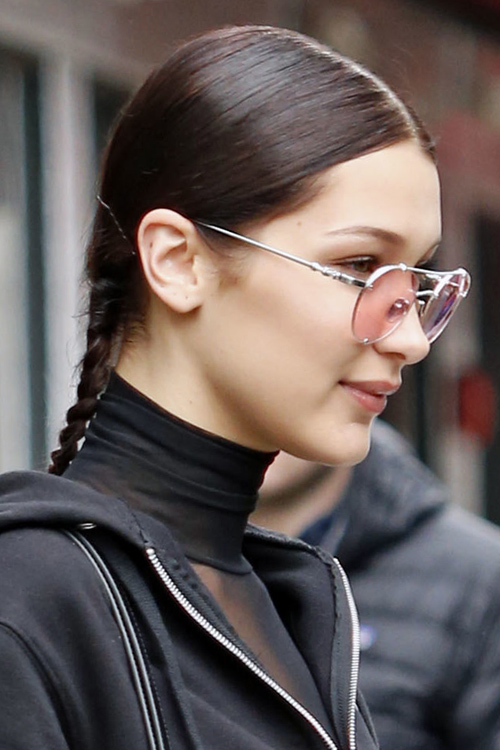 Bella Hadid Straight Dark Brown Braid Hairstyle | Steal Her Style