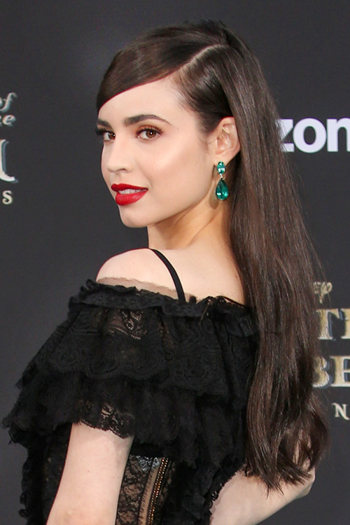 Sofia Carson Straight Dark Brown Slicked Back Hairstyle | Steal Her Style