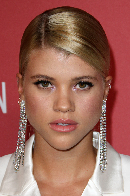 Sofia Richie Straight Light Brown All-Over Highlights, Bun Hairstyle ...