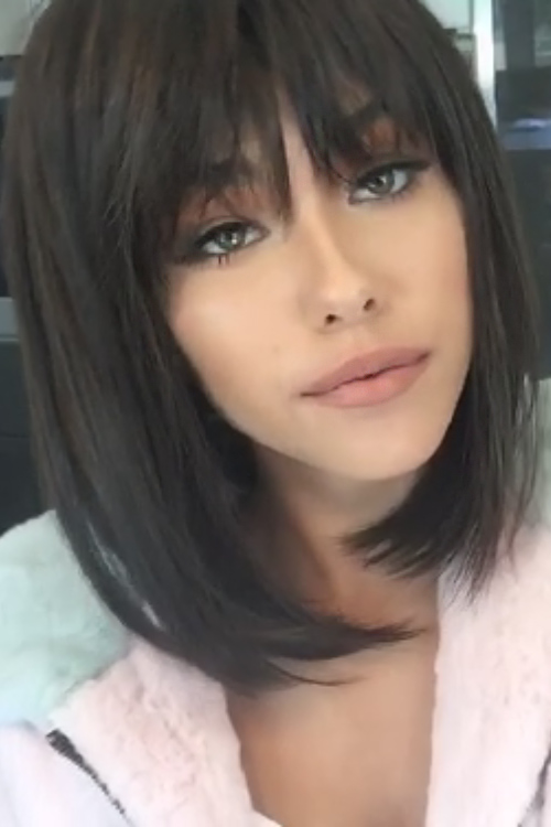 Madison Beer Straight Dark Brown Blunt Cut, Bob, Choppy Bangs, Long Bob ...