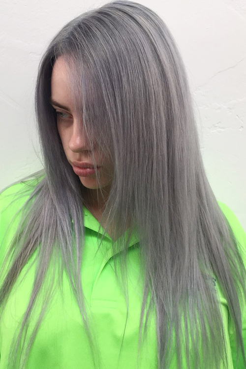 Straight Silver Angled, Flat-Ironed, Uneven Color Hairstyle | Steal Her Style