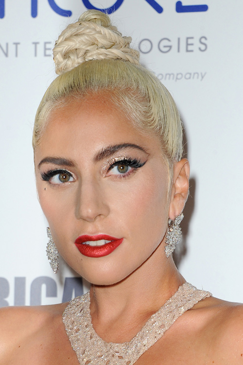 Lady Gaga Straight Platinum Blonde Bun, Mini Braids Hairstyle | Steal ...