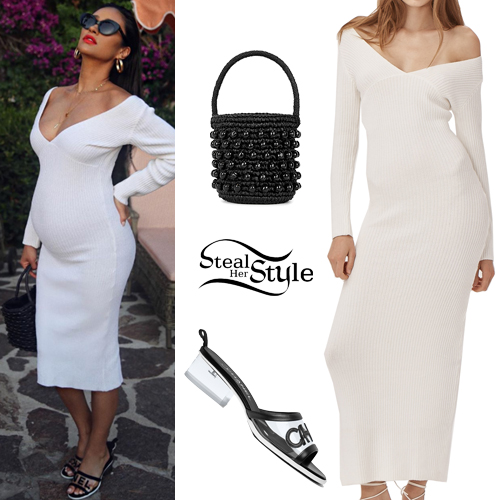 Shay Mitchell: White Ribbed Dress, Perspex Mules | Steal Her Style
