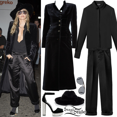 » Miley Cyrus: Black Velvet Coat, Silk Pants