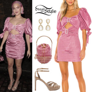 » Anne-Marie: Pink Mini Dress, Gold Sandals