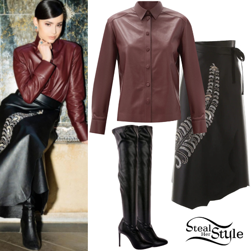Sofia Carson: Leather Shirt and Skirt