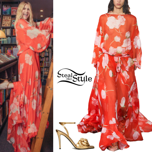 » Emma Roberts: Red Floral Dress, Gold Sandals
