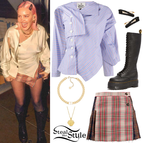 Anne-Marie: Asymmetric Shirt, Tartan Skirt | Steal Her Style