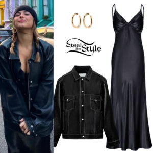 Addison Rae: Black Slip Dress, Leather Jacket