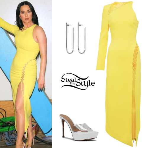 » Katy Perry: Yellow Dress, White-Clear Heels