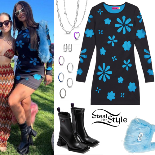 Addison Rae: Blue Floral Dress, Black Boots | Steal Her Style