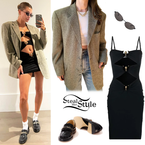 » Hailey Baldwin: Black Mini Dress and Loafers