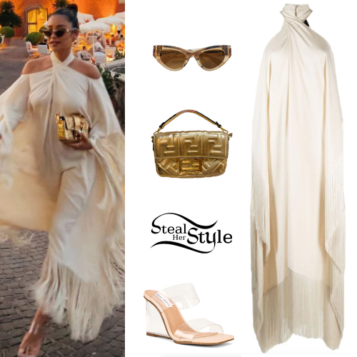 Shay Mitchell: Printed Cape, Brown Knee Boots | Steal Her Style