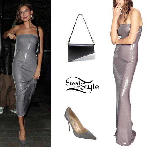 » Hailey Baldwin: Grey Sequin Dress and Pumps